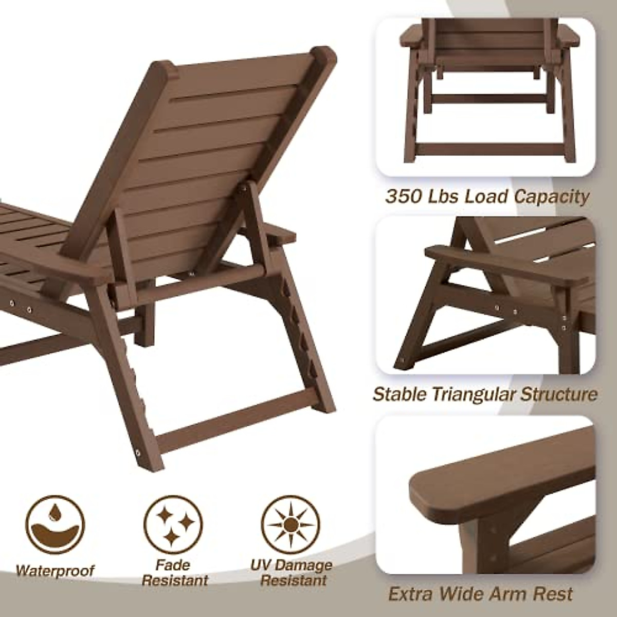 ACUEL Chaise Lounge, Poly Lumber, Outdoor Lounge Chair with Adjustable Backrest, Sturdy Weather Resistant Waterproof Fade Proof, for Poolside Patio Garden(Brown, 1 pc)