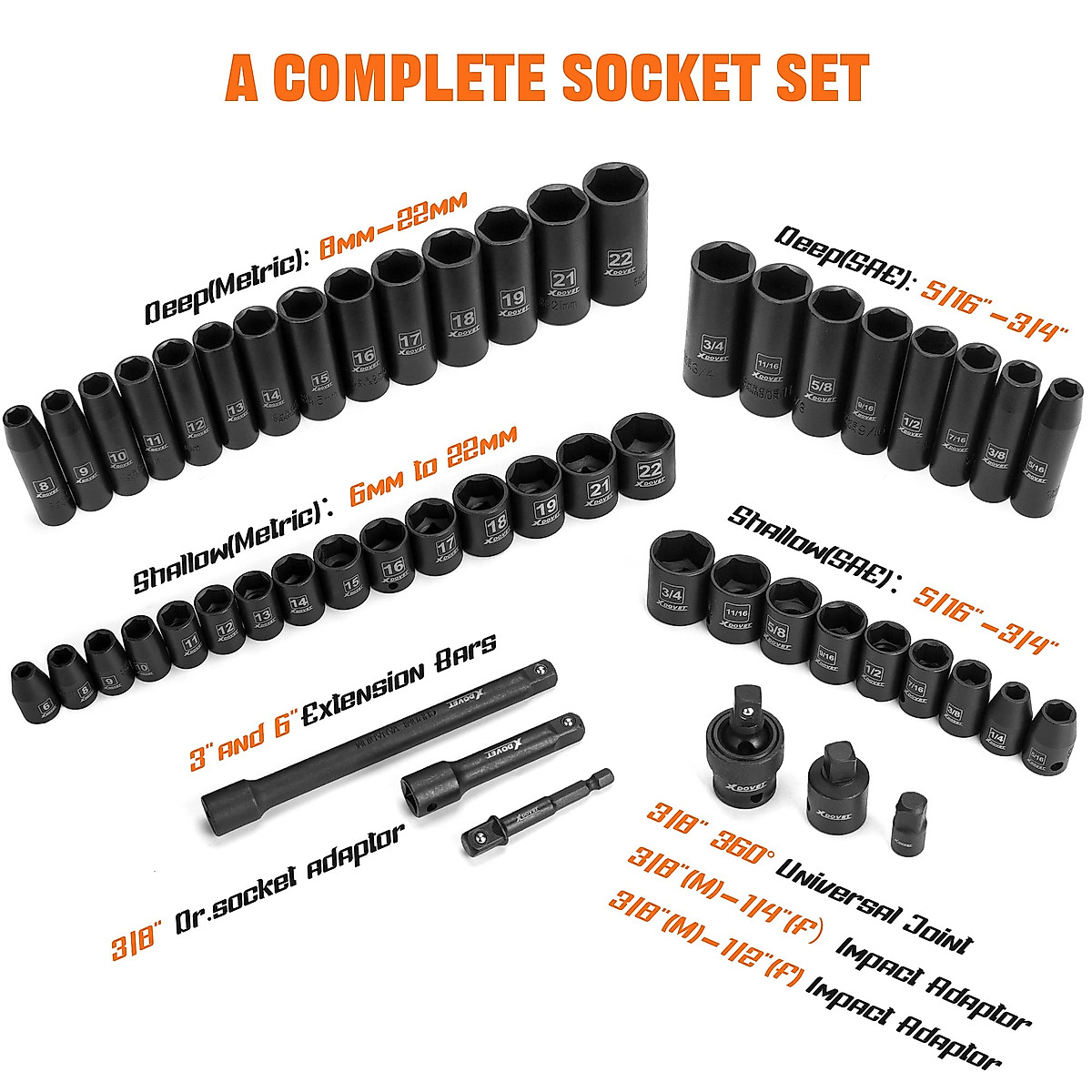 XDOVET 3/8" Impact Socket Set, 3/8-Inch Drive Socket Set, 52-PCS Deep Standard SAE Metric 1/4" - 3/4", 6-22mm 6 Point Socket Set, Includes Extension Bars, Socket Adapter, Universal Joint [NEW UPDATE]