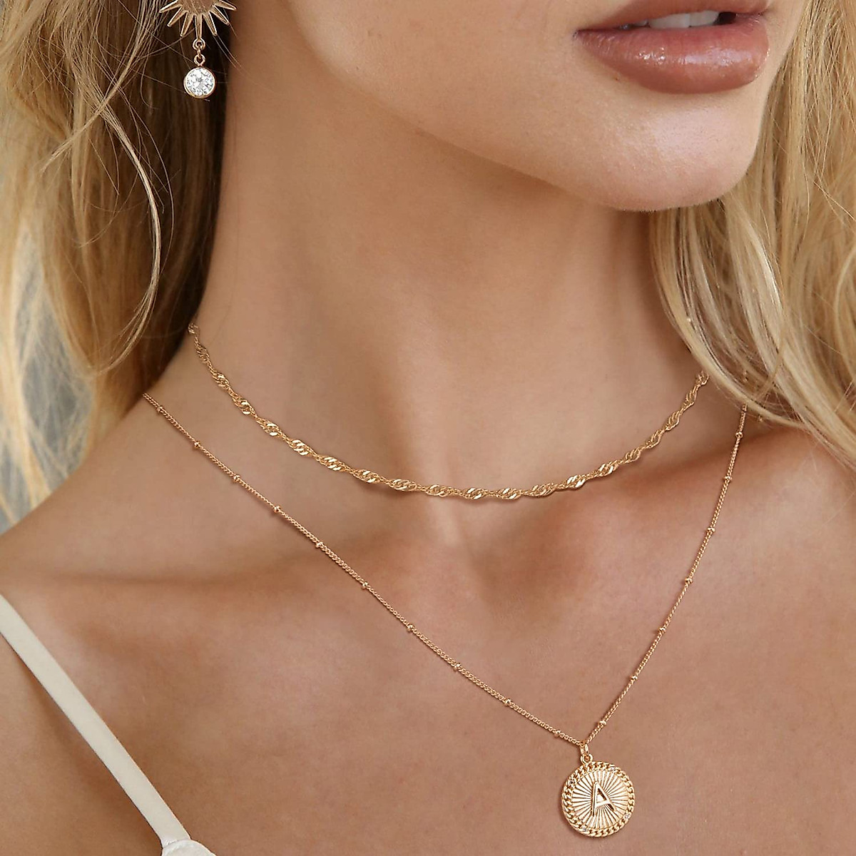 LOLAR RAY Layered Initial Necklace Set Gold Coin Disc CZ Initial Pendant 14K Gold Plated Dainty Water Ripple Link Chain Choker Necklace Personalized Jewelry Gift for Women Letter M