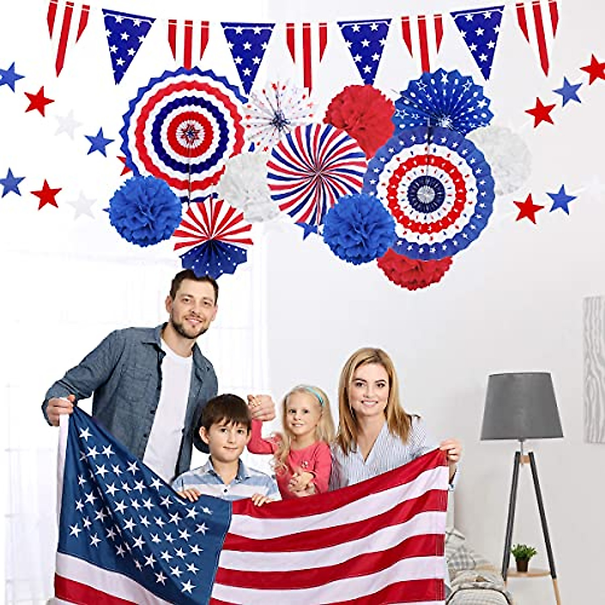 MOVINPE 4th of July Patriotic Party Decorations Set, American Flag Hanging Paper Fans, Pompoms Flowers, Foil Fringe Curtain, Star Streamers, USA Pennant Bunting Independence Day Party Supplies