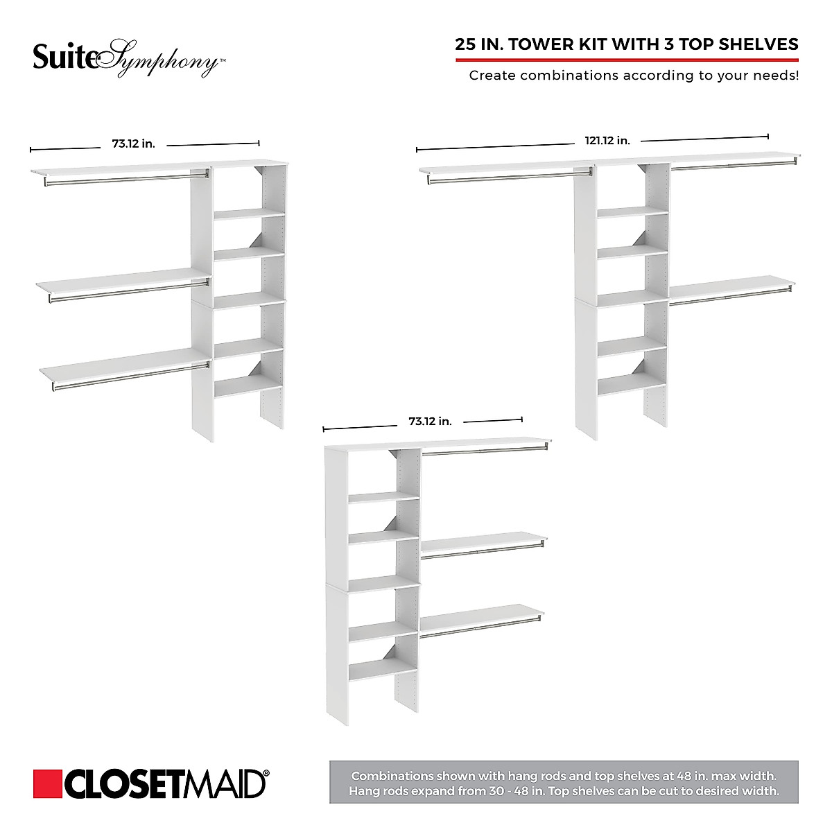 ClosetMaid SuiteSymphony Wood Closet Organizer Kit with Tower, 3 Hang Rods, Top Shelves, Adjustable, Fits Spaces 6 - 10 ft. Wide, Graphite Grey