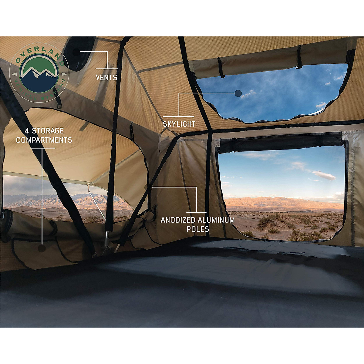 Overland Vehicle Systems TMBK 3 Person Roof Top Tent with Rain Fly Tan Body & Green Rainfly - Black Aluminum Base with Black Ladder - Universal Fitment