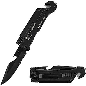 Engraved Pocket Knife, Best Husband Ever, Pocket Knife for Men with 6 Functions, LED Light, Fire Starter, Bottle Opener, Seat Belt Cutter, Glass Breaker, Birthday Anniversary Present for Men Husband