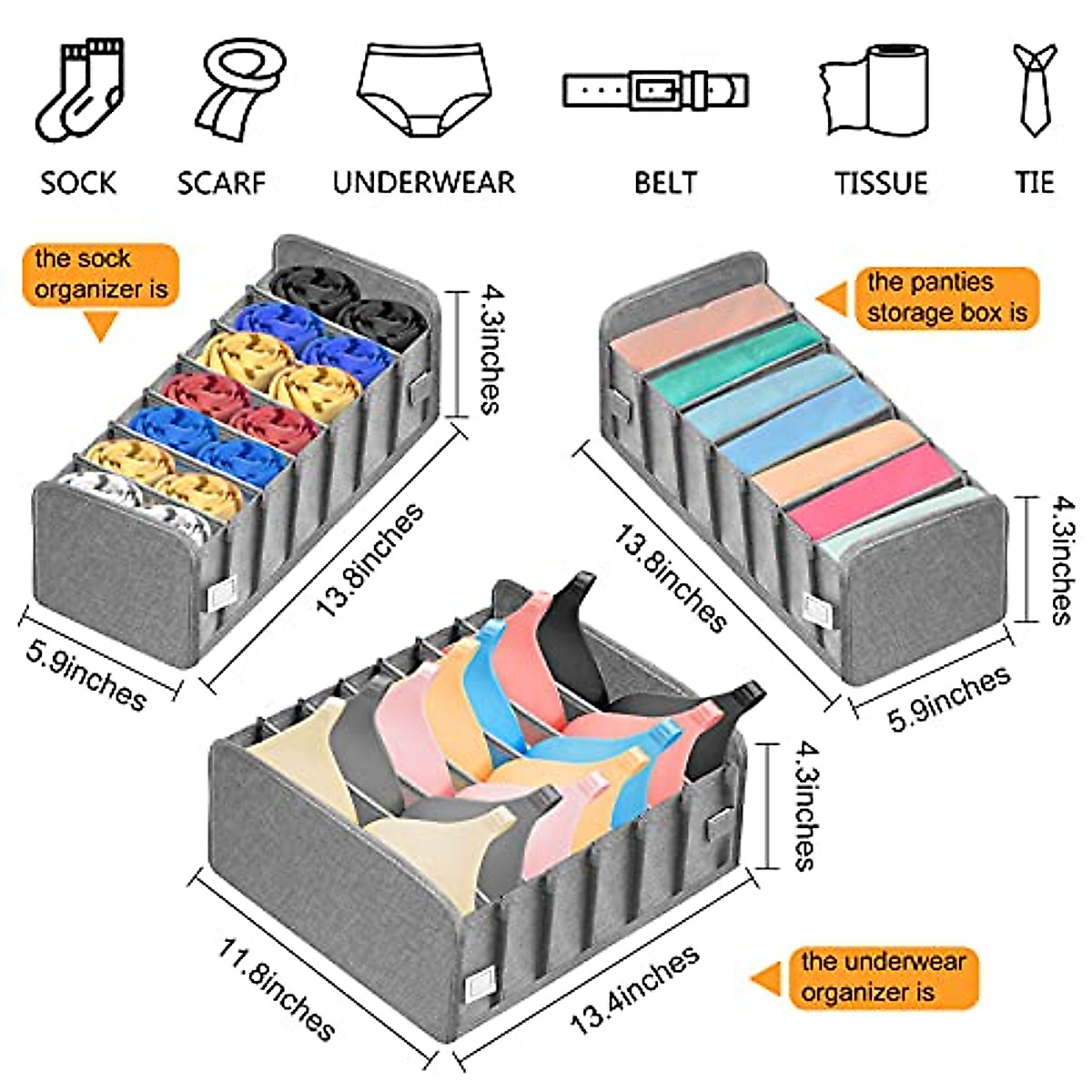 Coopay Underwear Sock Organizer Drawer Organizer Foldable Closet Underwear Organizer Drawer Divider for Bra Panties Ties Socks Clothes Storage with Washable Fabric, 3 Set (Gray)