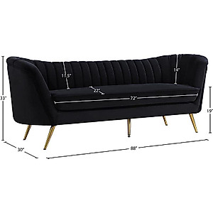 Meridian Furniture Margo Collection Modern | Contemporary Velvet Upholstered Sofa with Deep Channel Tufting and Rich Gold Stainless Steel Legs, Black, 88" W x 30" D x 33" H