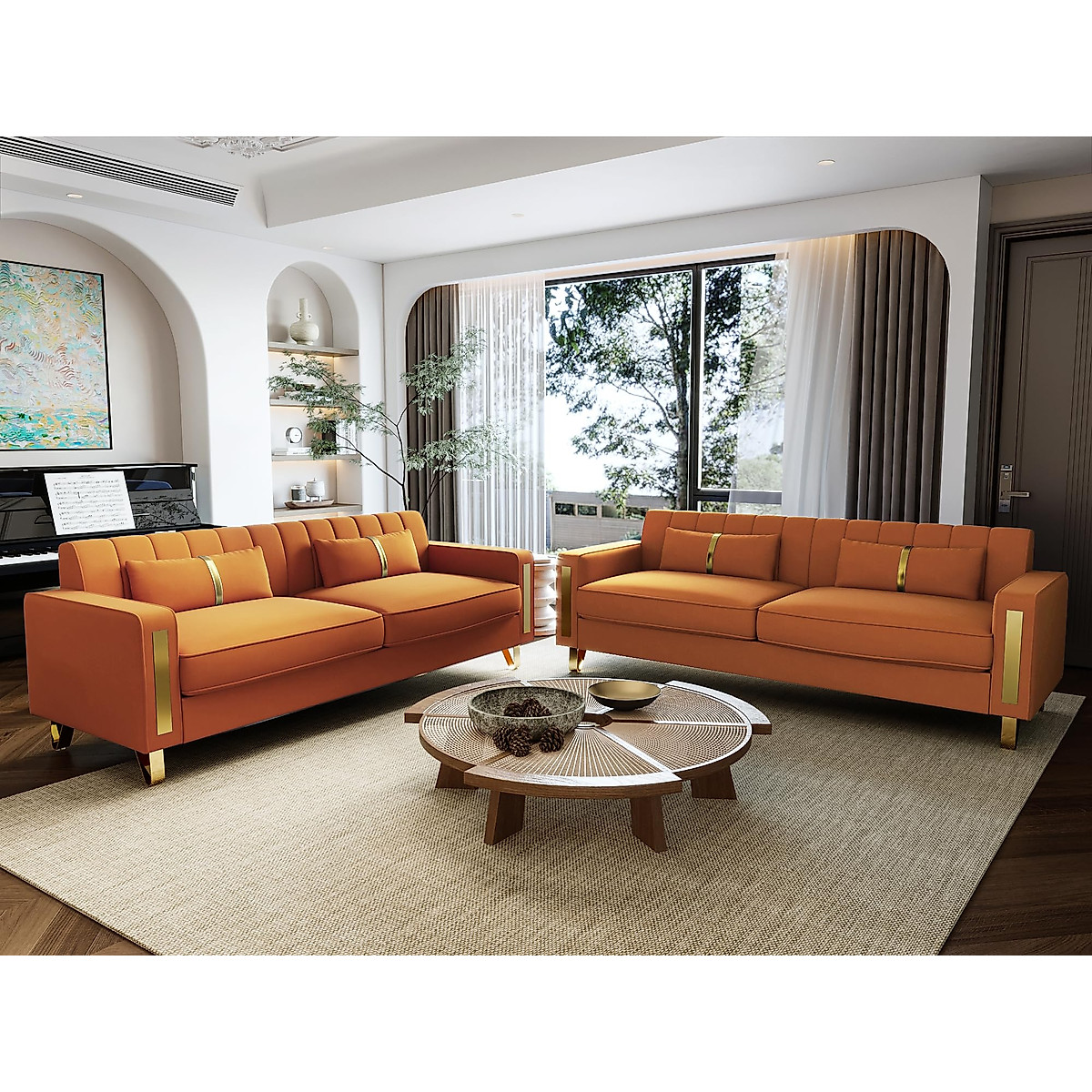 DOOSOODAA 2-Piece Loveseat Couch Set for Living Room, 86" Orange Velvet Sofa Couch with 4 Pillows & Gold Metal Legs, Modern Upholstered Sofa Set Love Seat Sectional Couches for Apartment Home Office