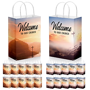 Chuangdi 50 Pcs Church Welcome Bags 5.91 x 3.15 x 8.27 Inches Religious Gift Bags Welcome to Our Church Paper Bags with Handles for Hotel Birthday Bulk Baptism Guest Party Favor Supplies (Landscape)