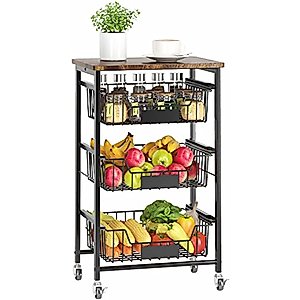 XYZLVSI Kitchen Storage Cart with Wheels, 4-Tier Metal Utility Rolling Cart Fruit Vegetable Storage Basket Pantry Rack with Wood Top & Pull Out Baskets for Kitchen, Livingroom, Diningroom, Office