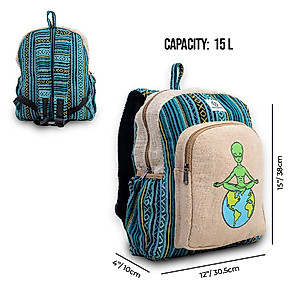 Meditating Alien Hemp Backpack Bag - Eco Friendly Hippie Yak Design Durable Functional Traveling Hiking Friendly Casual Daypack Bag by Freakmandu