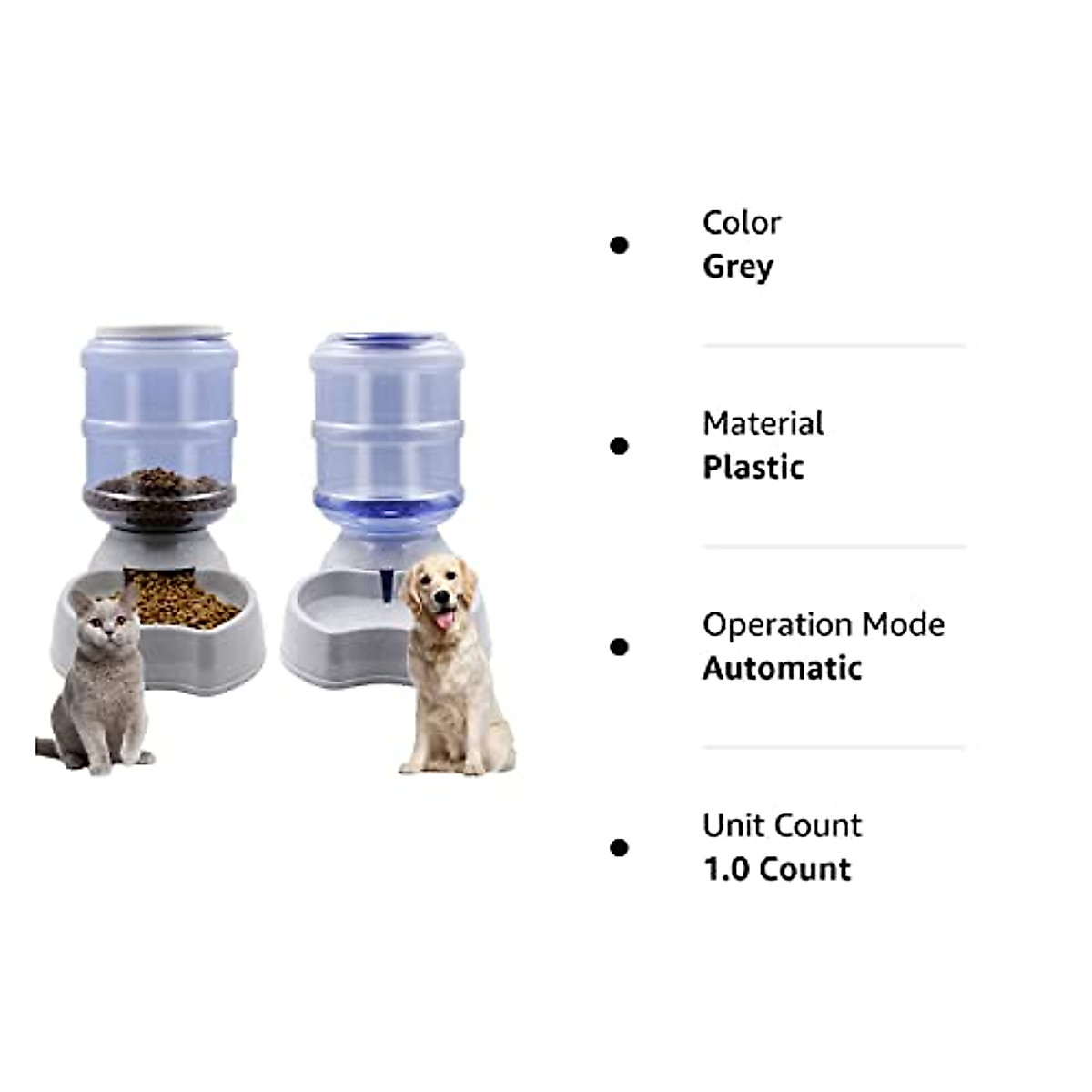 Zcaukya Automatic Cat Feeder and Water Dispenser Set, 1 Gal x 2 Gravity Dog Water Fountain Pet Food Feeder (Grey)