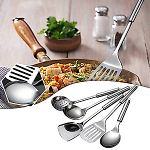 Stainless Steel Kitchen Utensils Set 5 Pcs All Metal Cooking Tools with Solid Spoon, Wok Spatula, Slotted Spatula, Soup , Spoon, Spaghetti Server