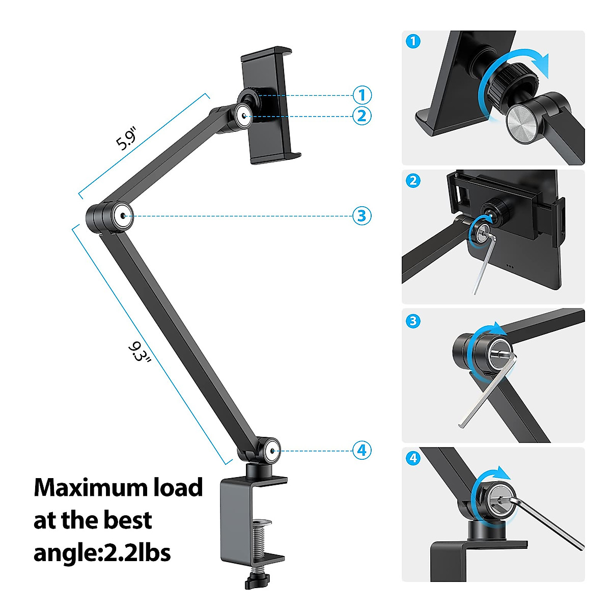BEWISER iPad Desk Mount, Tablet Holder for Desk or Bed,Rotate 360 Degrees of Flexible, Height and Angle Adjustable, Aluminium Alloy Arm Clamp Mount Compatible with4.7-15.6" Screen (Space Gray)
