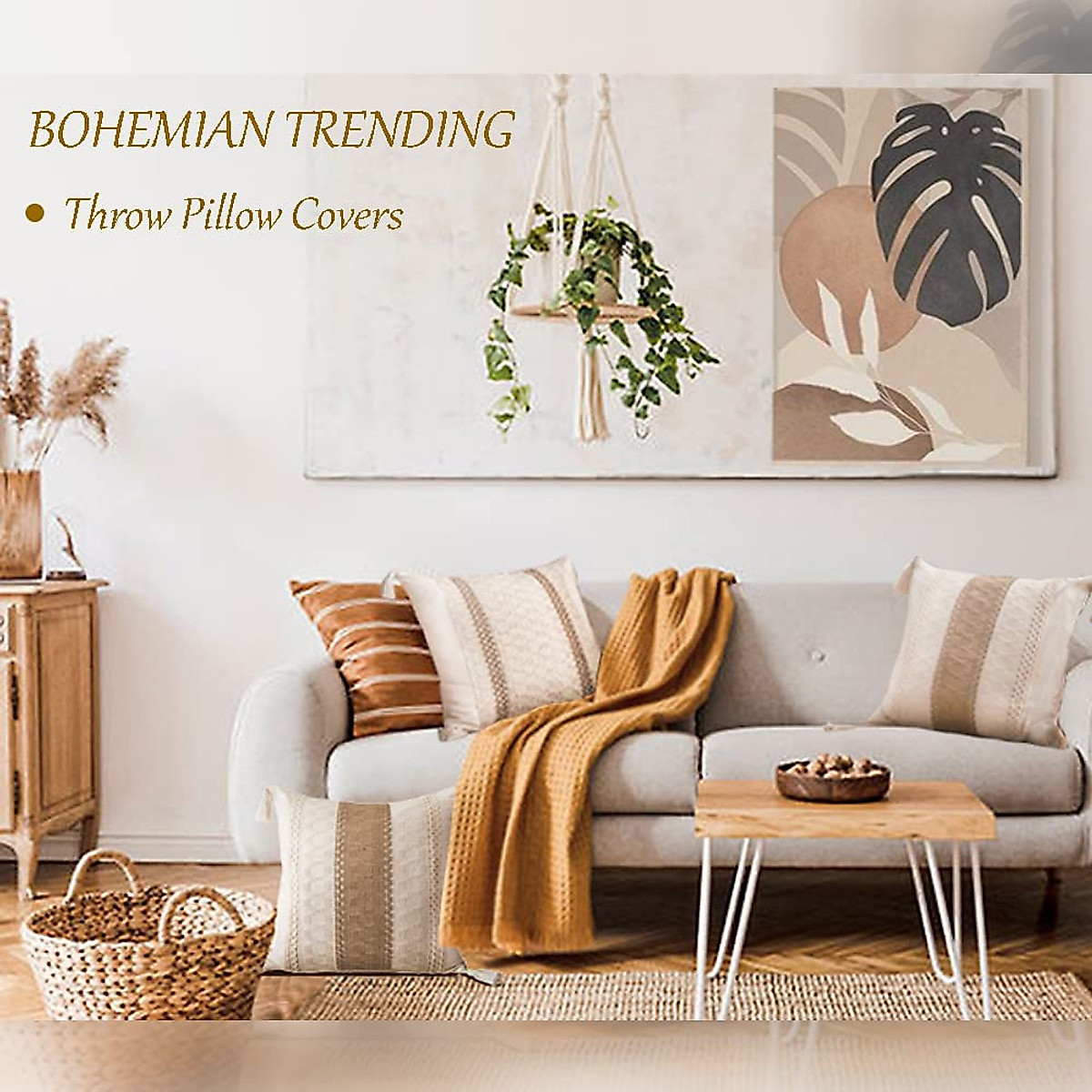 DUKYMIK Lumbar Woven Farmhouse Accent Decorative Throw Pillow Cover for Couch Sofa - 12 x 20 Inch Boho Neutral Pillow Cushion with Tassels for Living Room, Natural Beige, (Single Stripe)