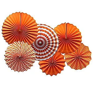 Party Hanging Paper Fans Set, Orange Round Pattern Paper Garlands Decoration for Birthday Wedding Graduation Events Accessories, Set of 6