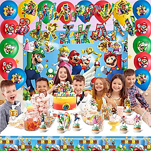 Mario Birthday Party Supplies Birthday Decorations Party Decorations Include Backdrop, Tablecloth, Birthday Banners, Cake Decoration, 24 Cupcake Toppers, 16 Latex Balloons, 6 Hanging Swirls