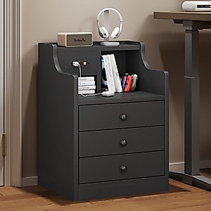 Tiptiper Black Nightstand with Charging Station 3 Drawers, Wood Sofa End Side Table with USB Ports and Outlet, Bedside Table Bedroom Nightstand with Sliding Drawer & Hutch