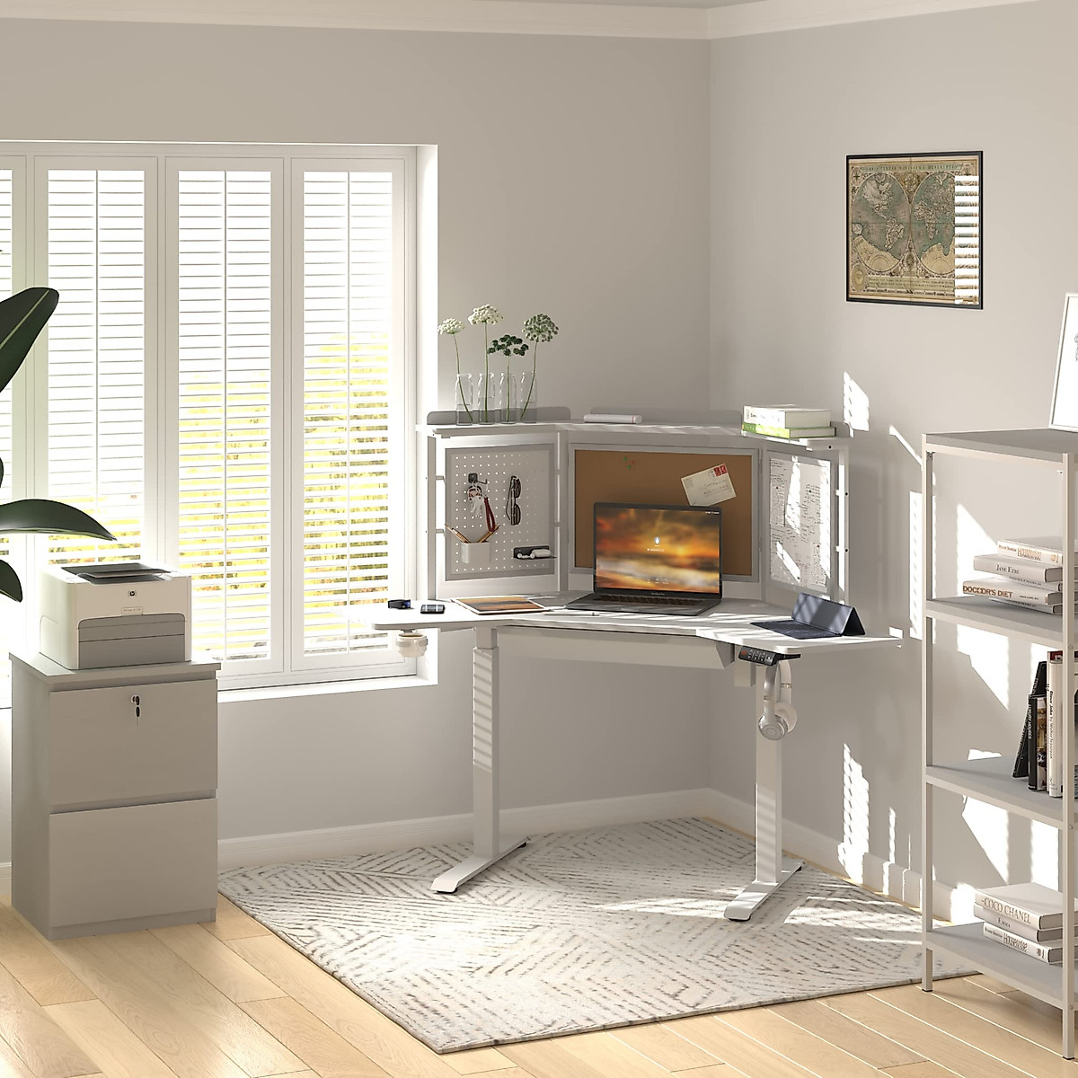 kowo L Shaped Height Adjustable Electric Standing Desk with USB C Hub & Wireless Charger, Sit Stand Corner Desk, Memory Settings, Stand Up Computer Desk Adjustable Table, White