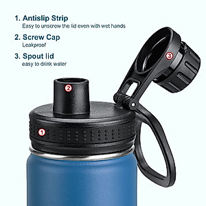 koodee Water Bottle -16 oz Stainless Steel Double Wall Vacuum Insulated Water Bottle for School Wide Mouth Spotrs Flask with Leakproof Spout Lid (Navy)