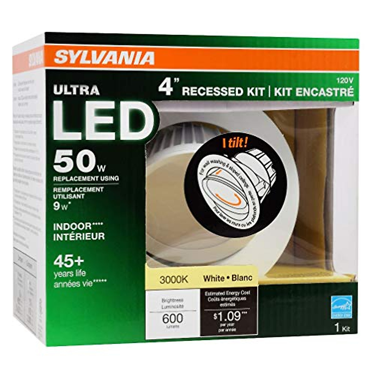 SYLVANIA General Lighting 70395 Ultra 4" Gimbal (Tilting) Recessed Downlight Kit, 50W Equivalent LED Lamp, 3000K (Warm White), White