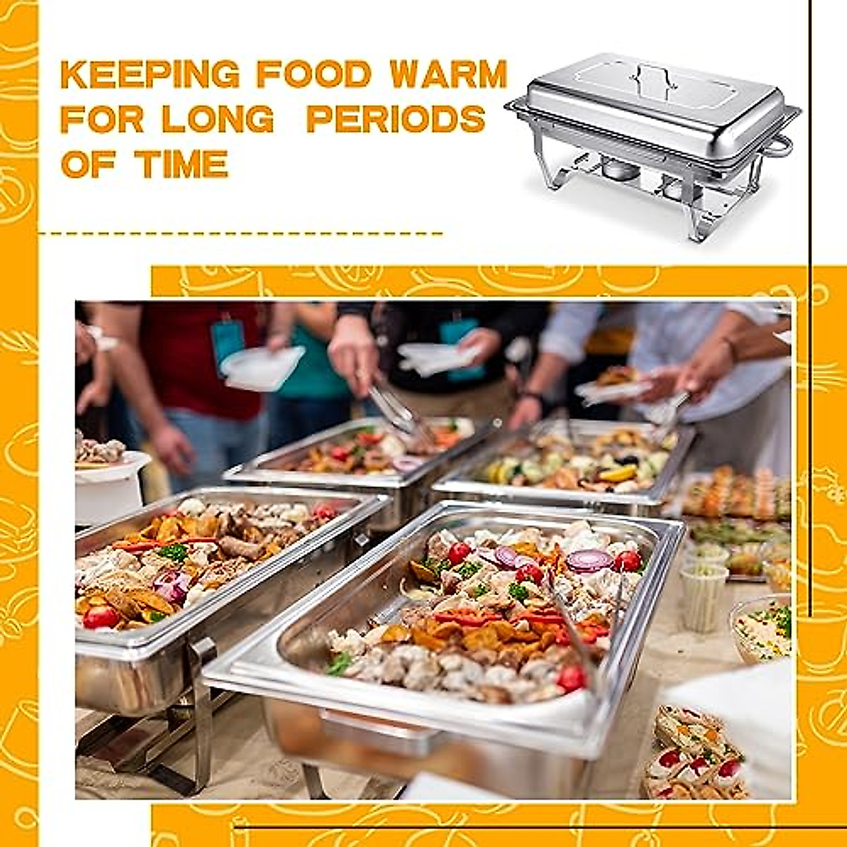 6 Pcs Chafing Dish Buffet Set 8 Qt Stainless Steel Chafer Complete Set Catering Buffet Servers and Warmers with Foldable Frame, Food Pan, Fuel Holder and Lid for Parties Banquet Wedding (3 Third Size)