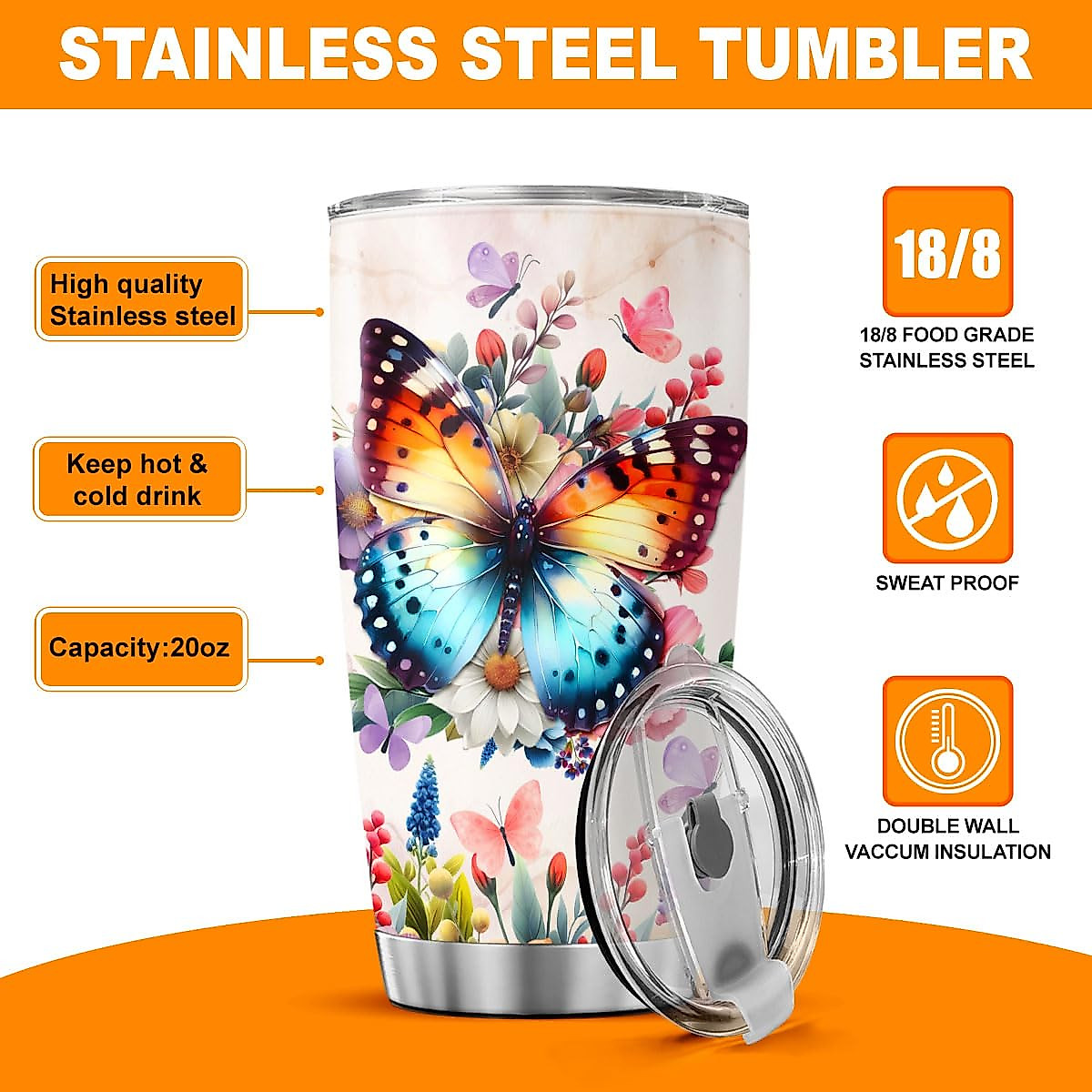 HUBUPU Floral Flower, Butterfly Gifts, Tumbler 20 Oz With Lid And Straw, Just A Girl Butterfly