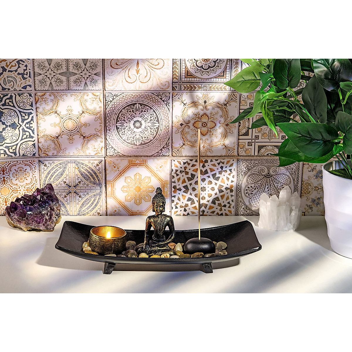 Top Plaza Stick Incense Holder Incense Burner Buddha Statue Tealight Candle Holder Zen Garden Meditation Home Living Room Desk Decor #1