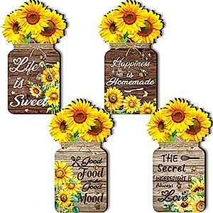 4 Pcs Sunflower Kitchen Wall Decor Mason Jar Set Wooden Sunflower Rustic Home Decor Inspirational Kitchen Decor Farmhouse Kitchen Signs Wall Decor Hanging Mason Jar Wall Decor for Home Decor (Brown)