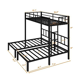 DHHU Triple Twin Bunk Bed, Metal Bunk Bed, Metal Bed Frame, Suitable for Bedroom, Apartment, Dorm, Space-Saving, Black