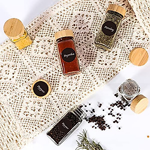 CycleMore 24 Pcs Spice Jars with Bamboo Lids 4 oz Glass Spice Jars with Labels - Minimalist Blank Spice Labels Stickers, Black Labels Stickers, Collapsible Funnel