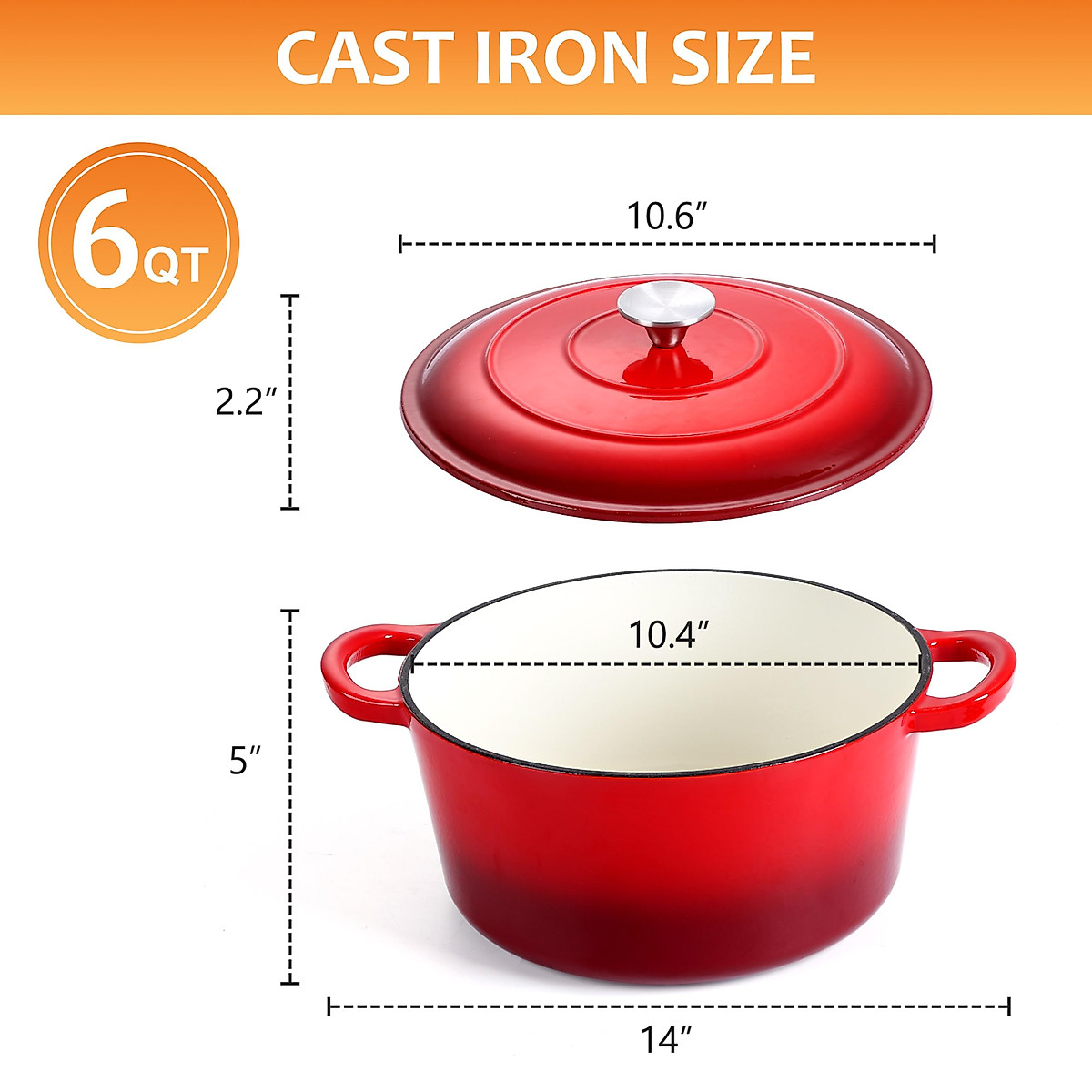 LIANYU Enameled Cast Iron Dutch Oven with Lid and Silicone Trivet Mat, 6 QT Nonstick Dutch Oven Cooking Pot for Sourdough Bread Baking, Round Dutch Oven for Roasting, Stewing, Braising, Dual Handle &