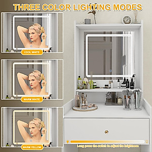 Hestiasko Small Vanity Desk with Mirror and Lights, 3 Lighting Modes Small Vanity with Chair and Outlet, Vanity Set for Bedroom, Vanity Small Place with Drawer Organizer Set, White