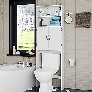HOSTACK Over The Toilet Storage, Double Door Bathroom Organizer Toilet Cabinet, Freestanding Above Toilet Rack with Open Shelves and Adjustable Bottom Bar, 76.8 in H, White