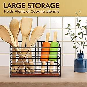 THYGIFTREE Kitchen Utensil Holder for Counter Large Black Metal Cooking Utensil Organizer for Countertop Utensil Crock with Wooden Base Spatula Holder Modern Farmhouse Utensil Caddy