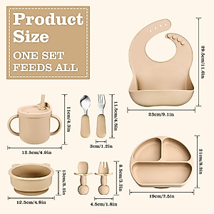 Silicone Baby Feeding Set, Baby Led Weaning Supplies with Suction Bowl Divided Plate, Toddler Self Feeding Dish Set with Spoons Forks Sippy Cup Adjustable Bib, Eating Utensils for 6+ Months(Khaki)