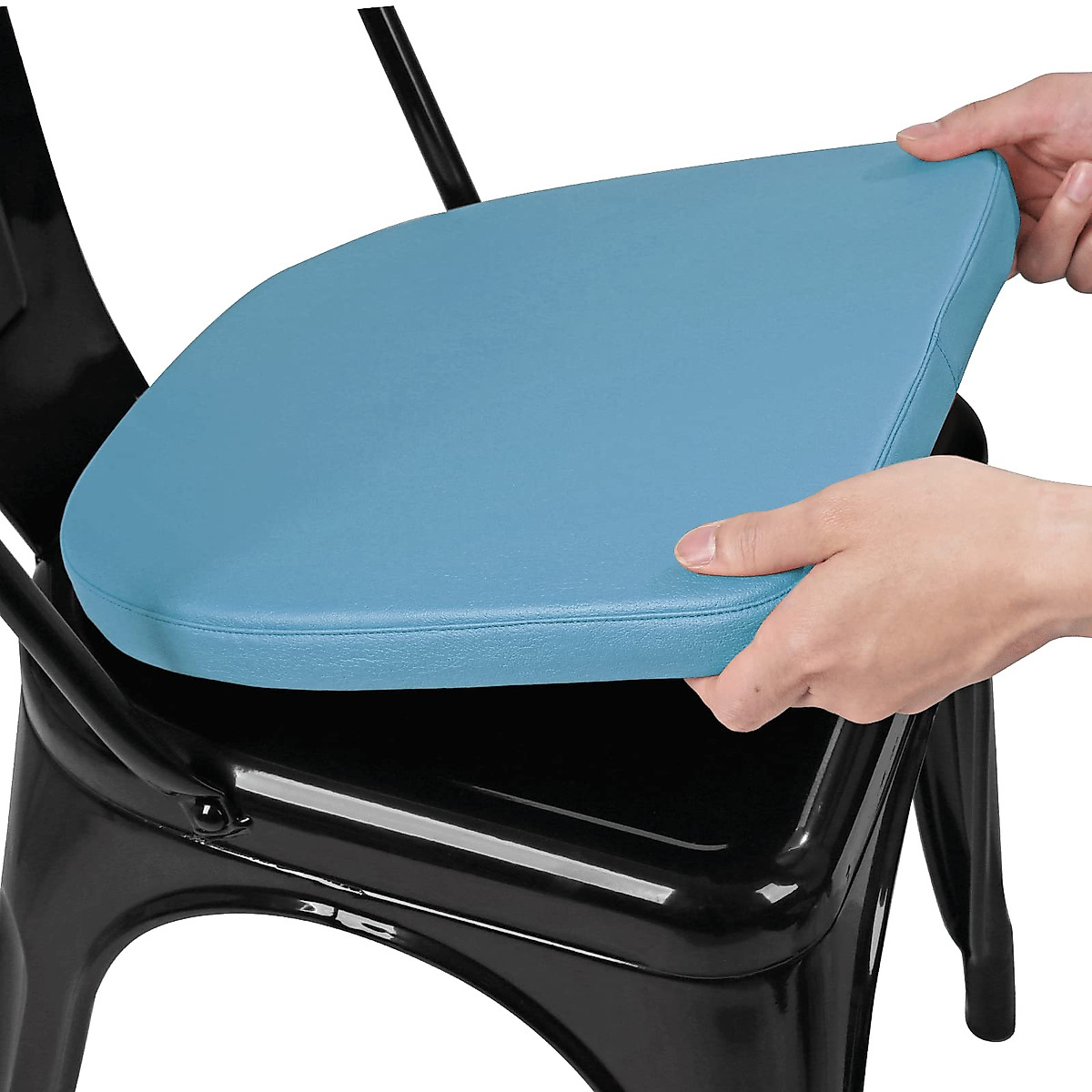 SINOSSO Modern Faux Leather 14" Metal Chair Cushion, Leathaire Magnetic Chair Pad for Dining Kitchen Cafe Bistro Stackable Chair (U-Shape, Blue, 1)