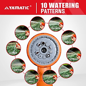 YAMATIC Garden Hose Nozzle, 10 Spray Patterns, Thumb Control On Off Valve for Watering Garden, Washing Cars, and Showering Pets - ABS Comfortable Anti-slip Grip