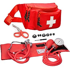 NOVAMEDIC First Aid Fanny Pack Stocked with Emergency Essentials and Professional Aneroid Sphygmomanometer Blood Pressure Machine with Stethoscope Set, Essential Medical Supplies kit