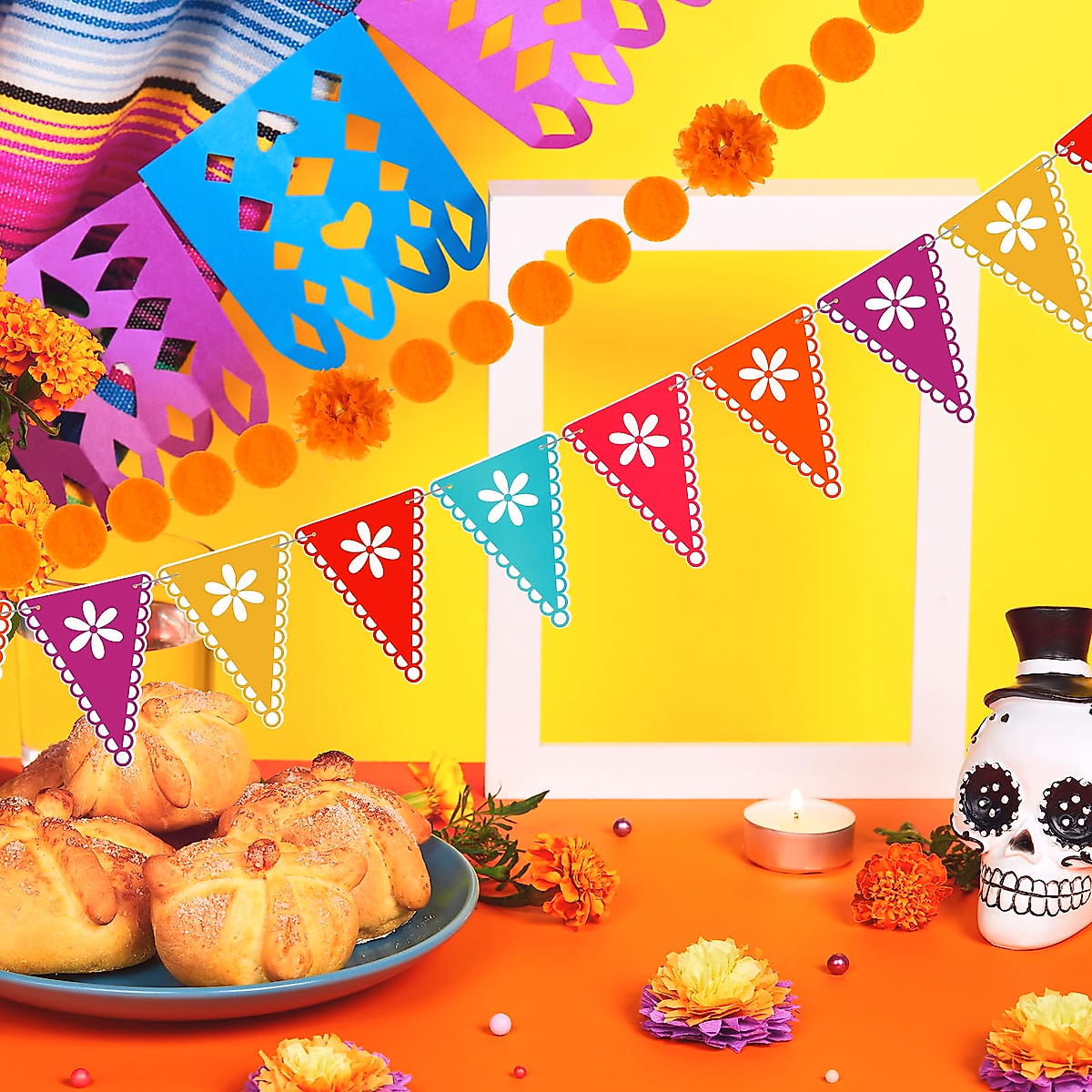 Preboun 5 Pcs Day of the Dead Party Decorations Marigold Flowers Garland Papel Picado Banner Fiesta Cinco De Mayo Banner Pom Pom Wool Felt Ball Garland for Mexican Party Dia De Los Muertos Decorations