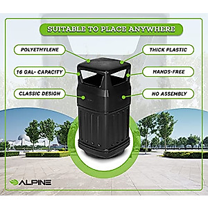 Alpine Industries Outdoor/Indoor Trash Can - Heavy Duty Garbage Can with Lid - Trash Bin for Home, Kitchen, and Bathroom - (16-Gallon Capacity, Black)