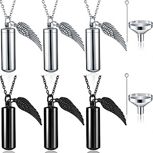 MTLEE Urn Necklace for Ashes Cremation Jewelry for Ashes, 6 Pieces Stainless Steel Cremation Jewelry for Women Men, Memorial Necklace Angel Keepsake Cylinder Pendant with Filling Kit (Black, Silver)