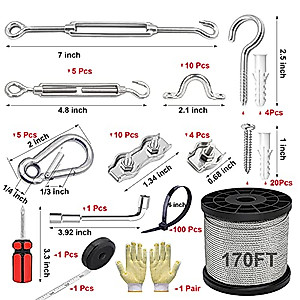 NQN 170FT Globe String Light Suspension Kit, Outdoor String Light Suspension Hanging Kit Guide Wire for Patio, Garden-Vinyl Coated 304 Stainless Steel Wire Cable, Turnbuckle, Hooks, Full Accessories