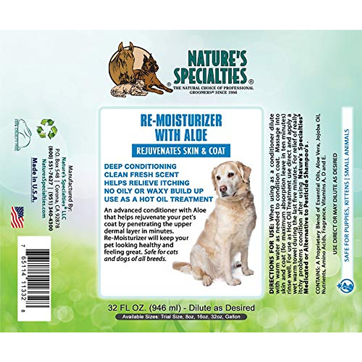 Nature's Specialties Re-Moisturizer with Aloe Dog Conditioner for Pets, Natural Choice for Professional Groomers, Rejuvenates Skin & Coat, Made in USA, 32 oz