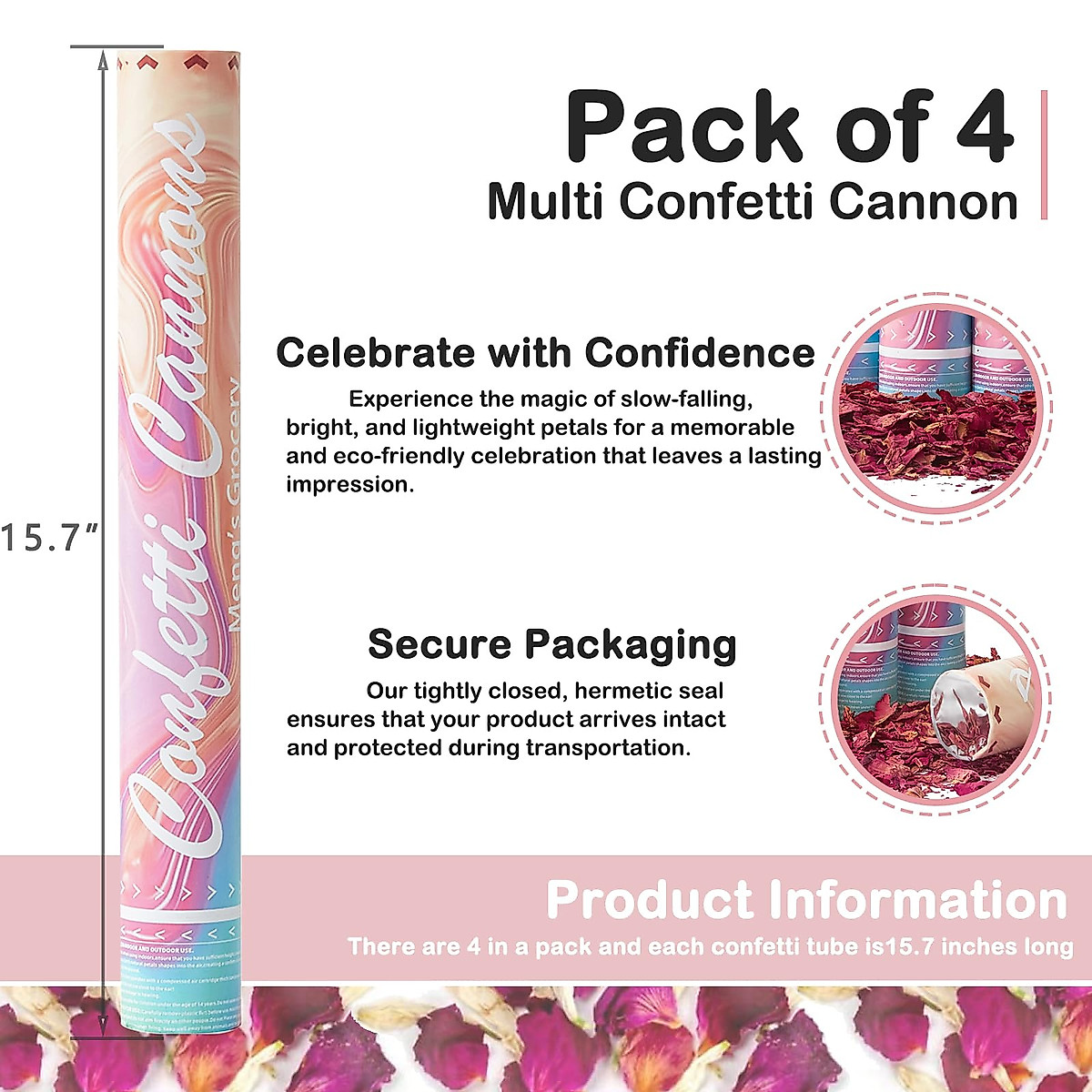 Meng's Grocery Natural Dried Flower Petal Confetti Cannon, 4pcs Rose Petals Party Supplies Confetti Poppers, Biodegradable Petals Confetti Cannon for Wedding, Birthday, Graduation