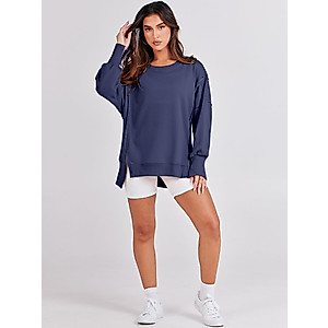 ANRABESS Women's Oversized Sweatshirts Crew Neck Long Sleeve Shirts Casual Loose Slit 2025 Fall Clothes Navy Blue S