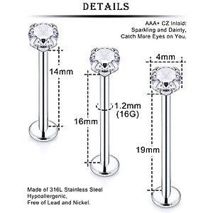 Kridzisw 16G Cheek Dimple Piercing Jewelry Flat Back Tongue Ring Barbell Stainless Surgical Steel Extra Long Lip Labret Ashley Medusa Monroe Ring Stud Piercing Jewelry Women Men 14mm 16mm 19mm Silver