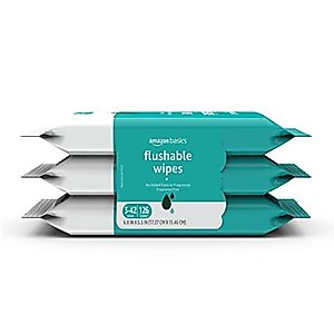 Amazon Basics Flushable Adult Toilet Wipes, Fragrance Free, 42 Count (Pack of 3), 126 Wipes total