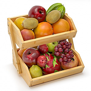 NUTUNI Fruit Basket for Kitchen, 2 Tier Fruit Basket, Bamboo Fruit Basket, Produce Storage, Fruit Holder, Fruit and Vegetable Storage for Potato, Onion, Bread and Snack - Natural (Self-assembly)