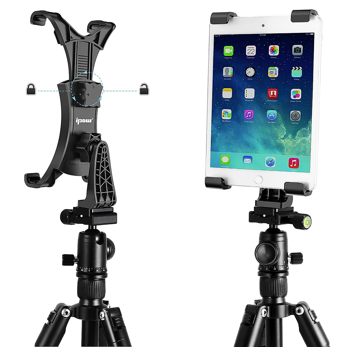 IPOW 360 Degree Rotatable Break-Resistant iPad Tripod Mount Adapter, Universal Tablet Clamp Holder Fits Ipad, Ipad Air, Pro, Mini, Microsoft Surface, Nexus, for Tripod Monopod, Selfie Stick,Tabletop