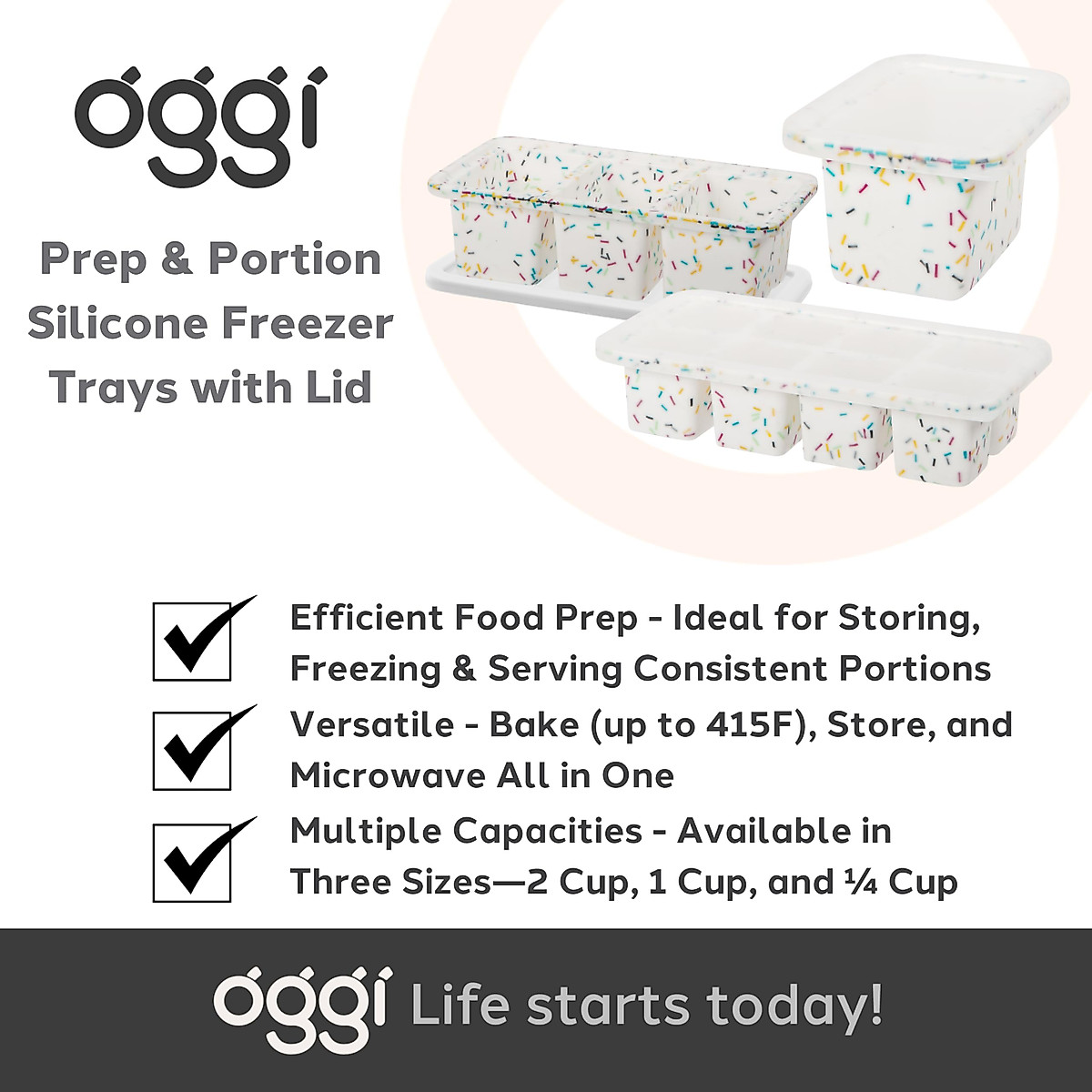 OGGI Prep & Portion Silicone Freezer Trays with Lid - Freezer Molds for Food, Ice Cube Tray, Food Prep Containers, Freezer Storage Containers, for Soup, Smoothie Cubes, Broth, Leftovers - 1/4 Cup