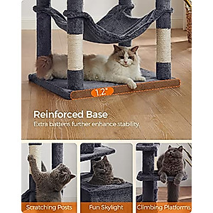 Feandrea Cat Tree, 75.2-Inch Cat Tower for Indoor Cats, Plush Multi-Level Cat Condo with 5 Scratching Posts, 2 Perches, 2 Caves, Hammock, 2 Pompoms, Smoky Gray UPCT191G01